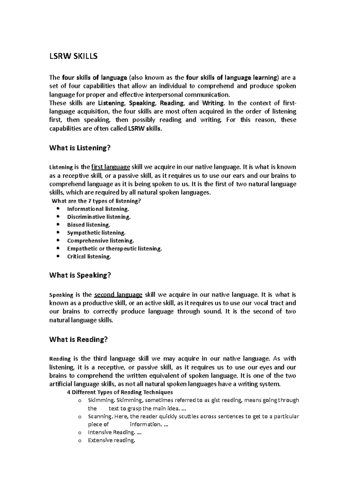 LSRW Skills Overview: Comprehensive Unit 4 Notes on Listening, Speaking ...