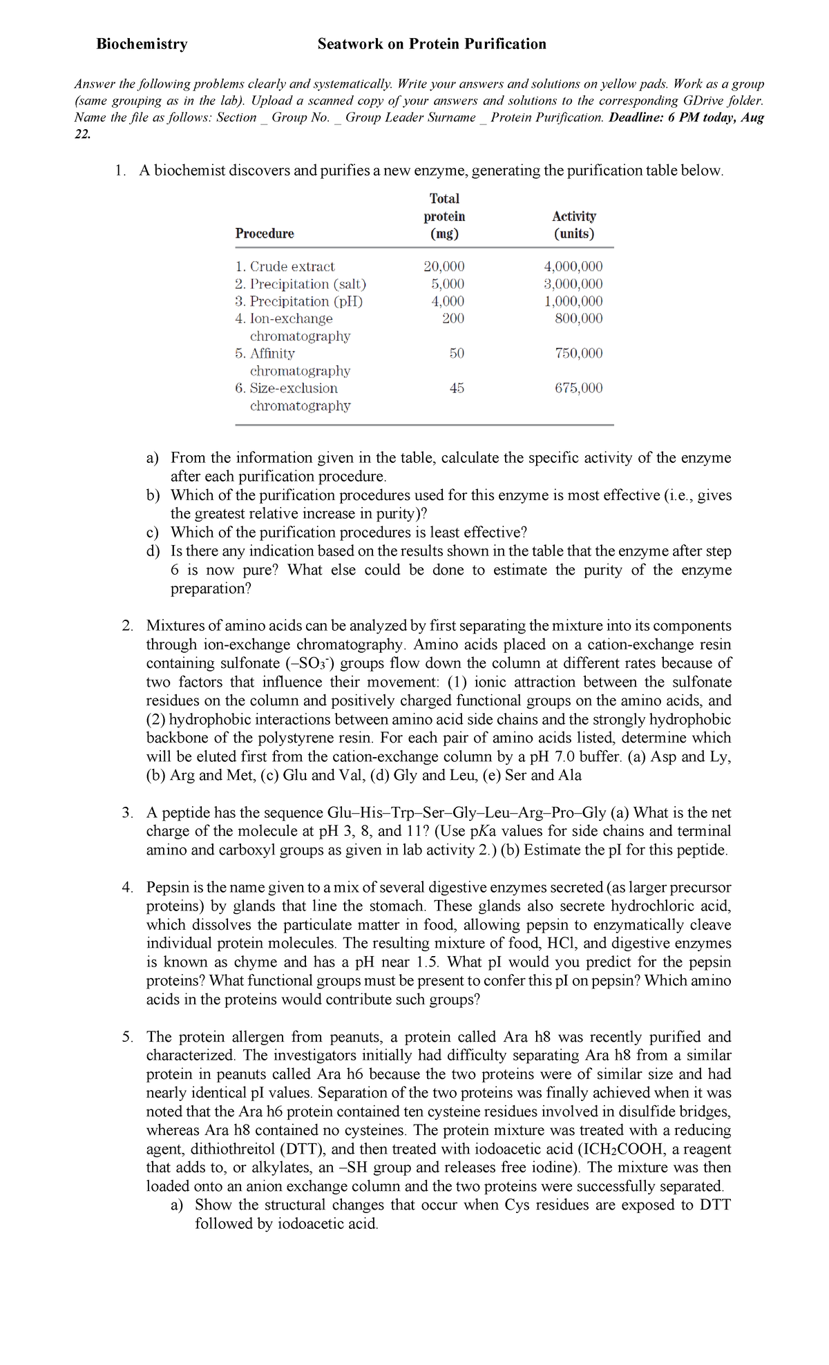 Biochemistry 101: Seatwork on Protein Purification Techniques - Studocu
