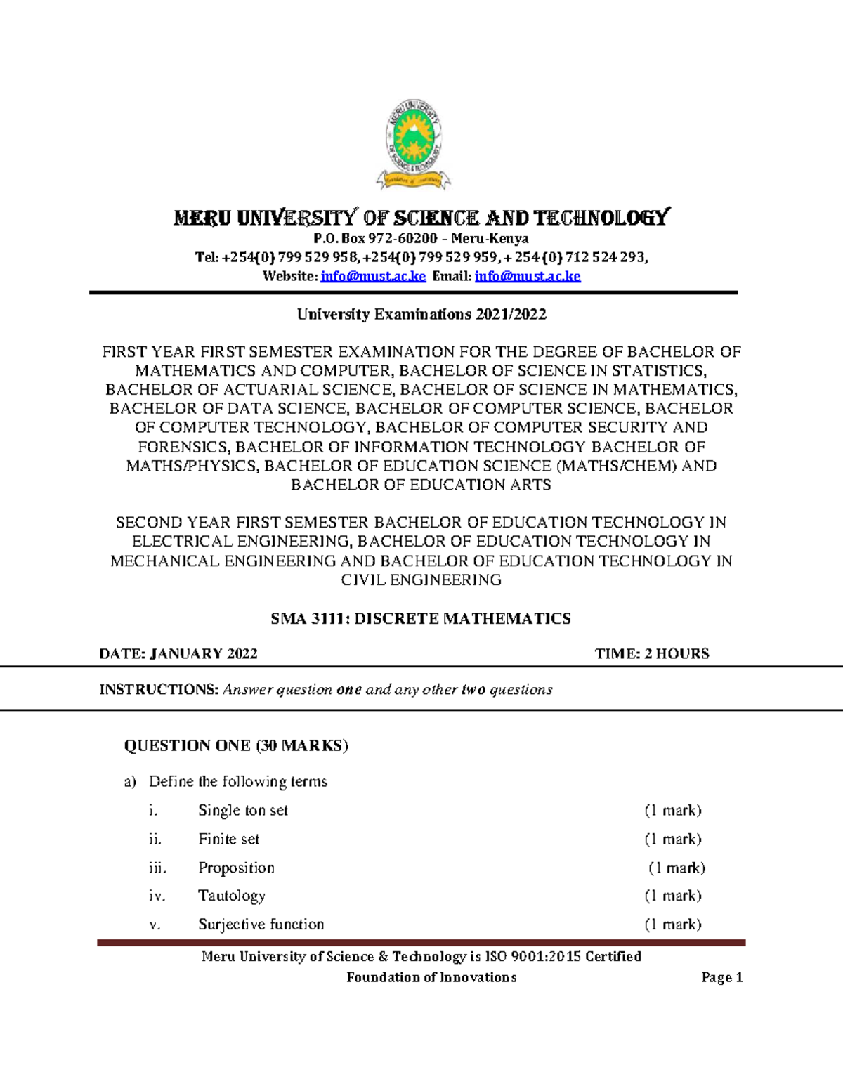 SMA 3111 Discrete Mathematics: First Year Exam January 2022 - Studocu
