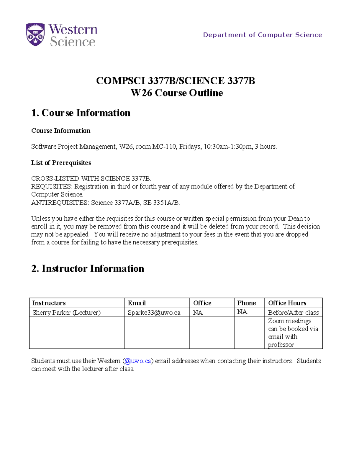 Course Outline for COMPSCI 3377B: Software Project Management W26 - Studocu