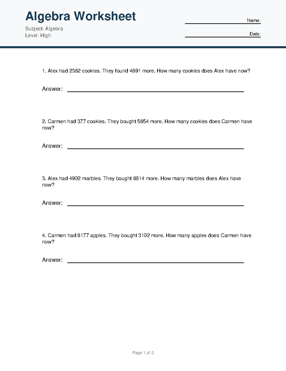 Algebra Worksheet 2 - High Level Practice Problems - Studocu