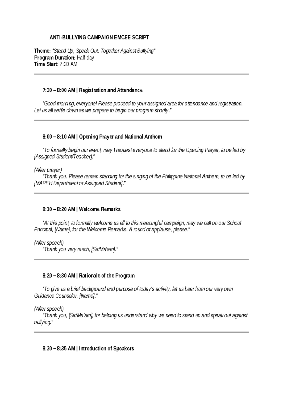 CAMPAIGN EMCEE SCRIPT: Up, Speak Out Against Bullying - Studocu