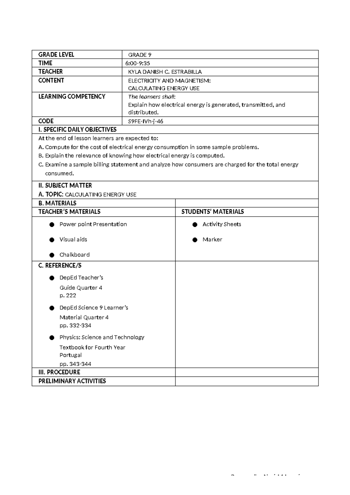 Detailed lesson plan energy consumption grade 9 - 1 GRADE LEVEL GRADE 9 ...