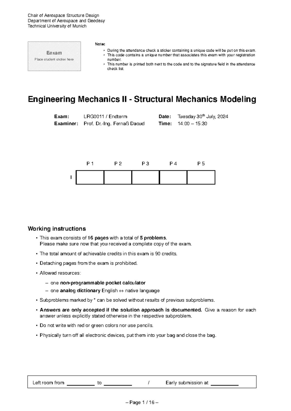Engineering Mechanics II LRG0011 Endterm Exam Guidelines - Studocu