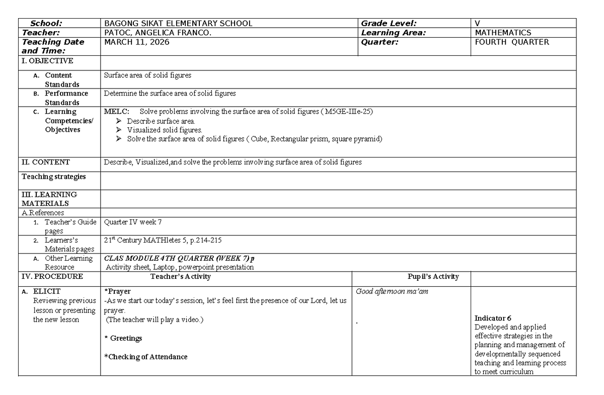 MATH 5 Detailed Lesson Plan: Surface Area of Solid Figures - Studocu