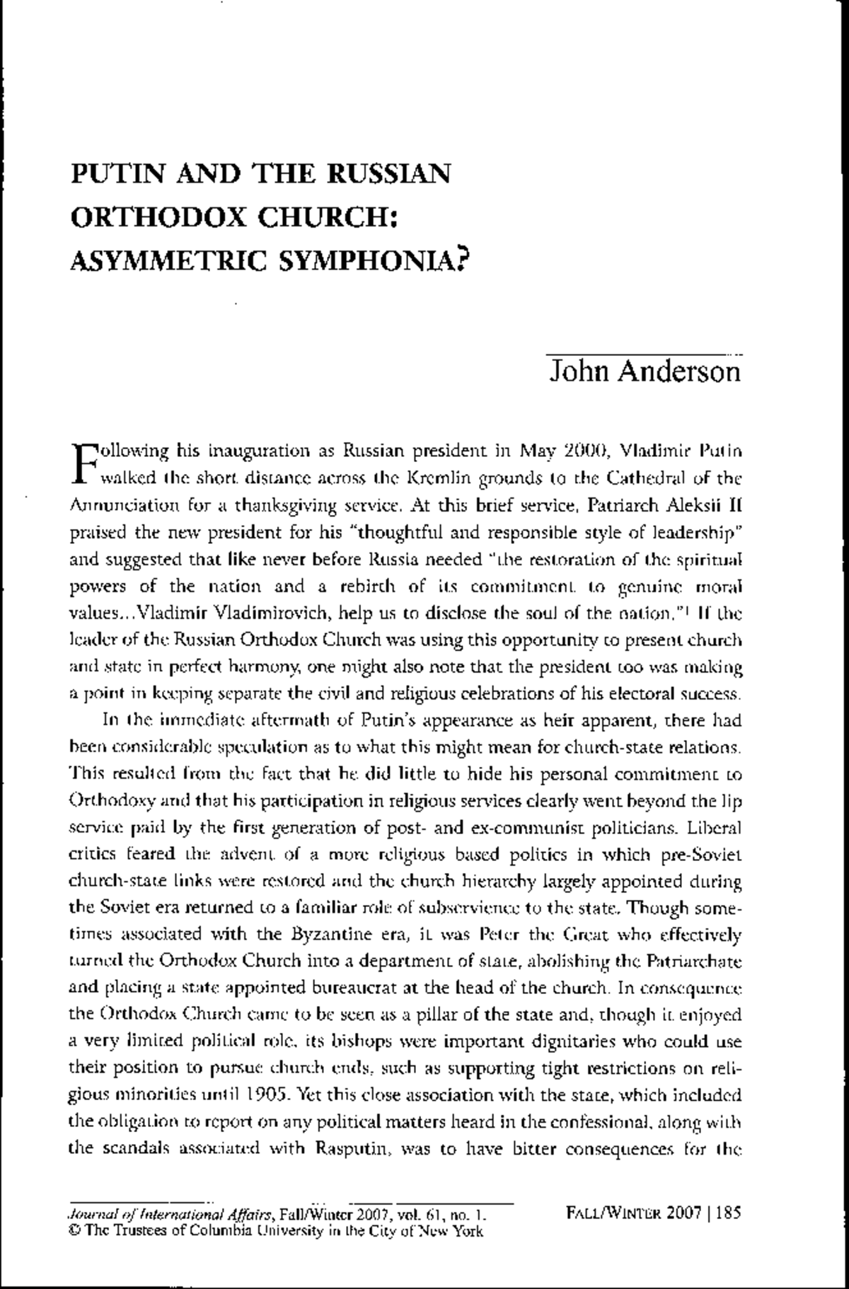 PUTIN AND THE RUSSIAN ORTHODOX CHURCH: DYNAMICS OF POWER AND FAITH ...
