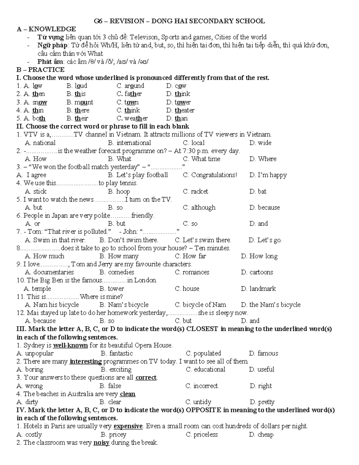 Review - GKII - ANH 6 - cho trẻ con - G6 – REVISION – DONG HAI ...