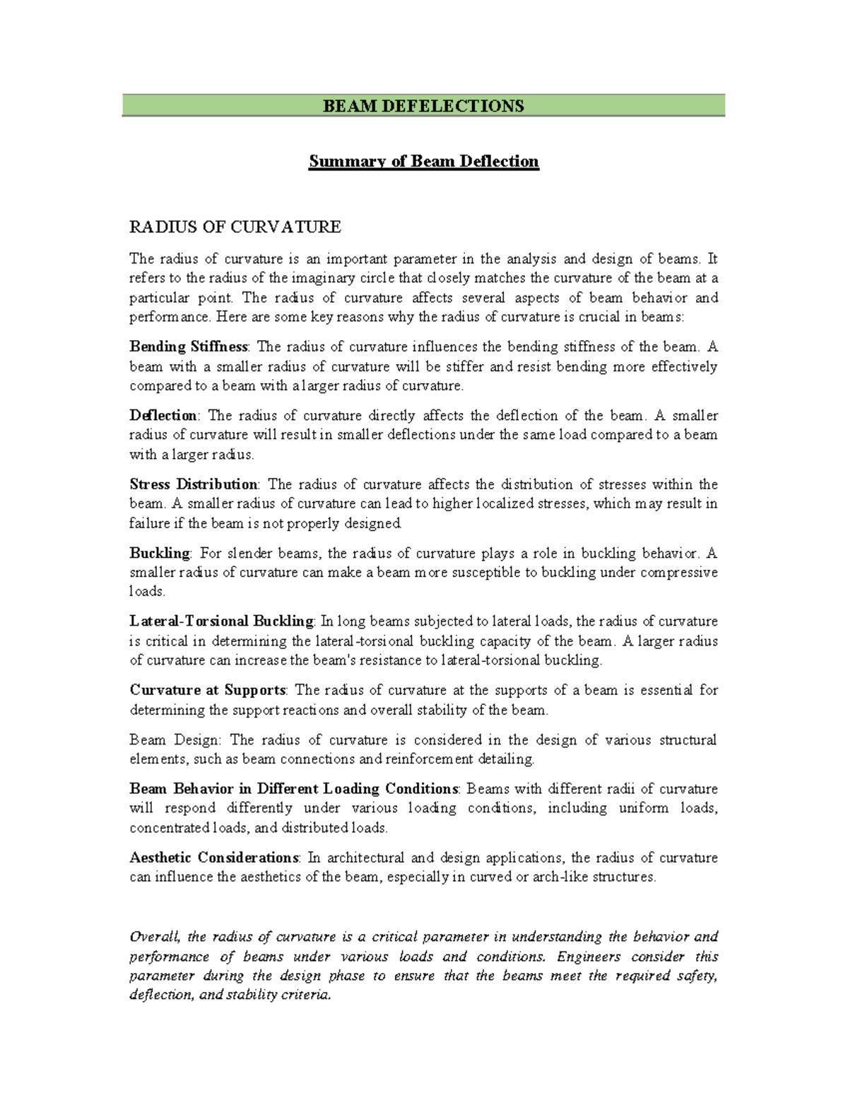 Lab Report on Beam Deflection and Radius of Curvature Analysis - Studocu