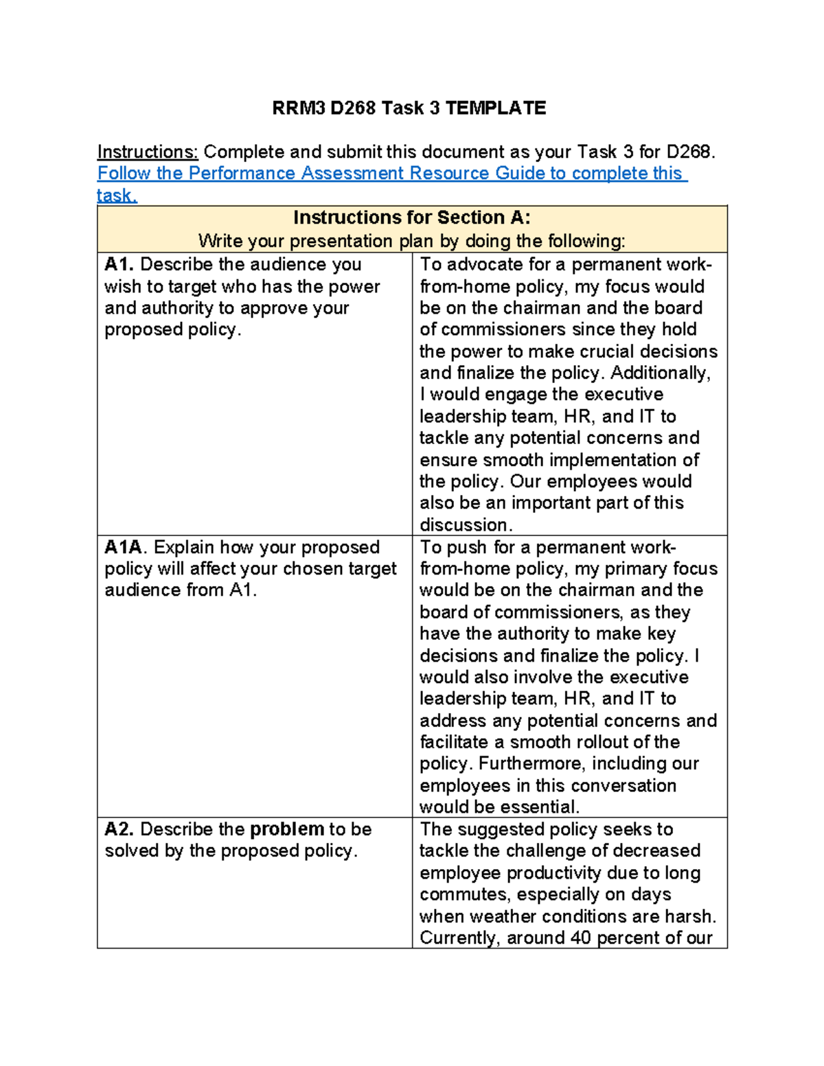 RRM3 D268 Task 3: Presentation Plan for Remote Work Policy - Studocu