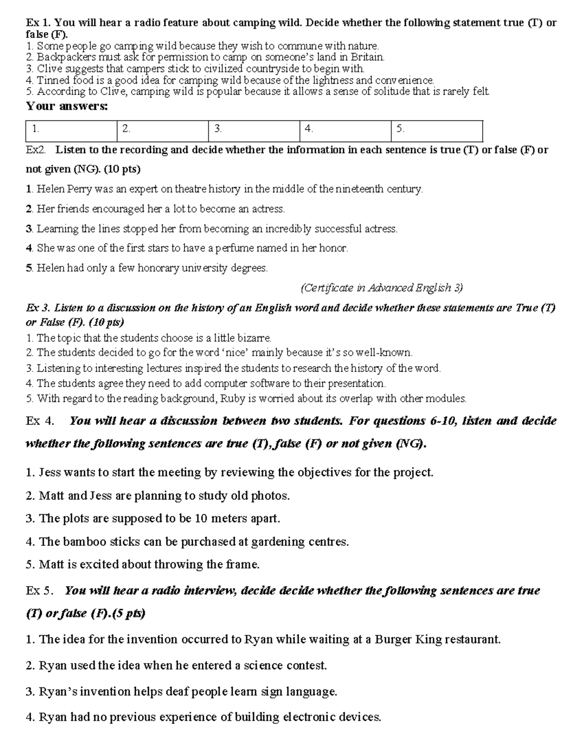 True or False Statements for Listening Exercises (CAE 3) - Studocu