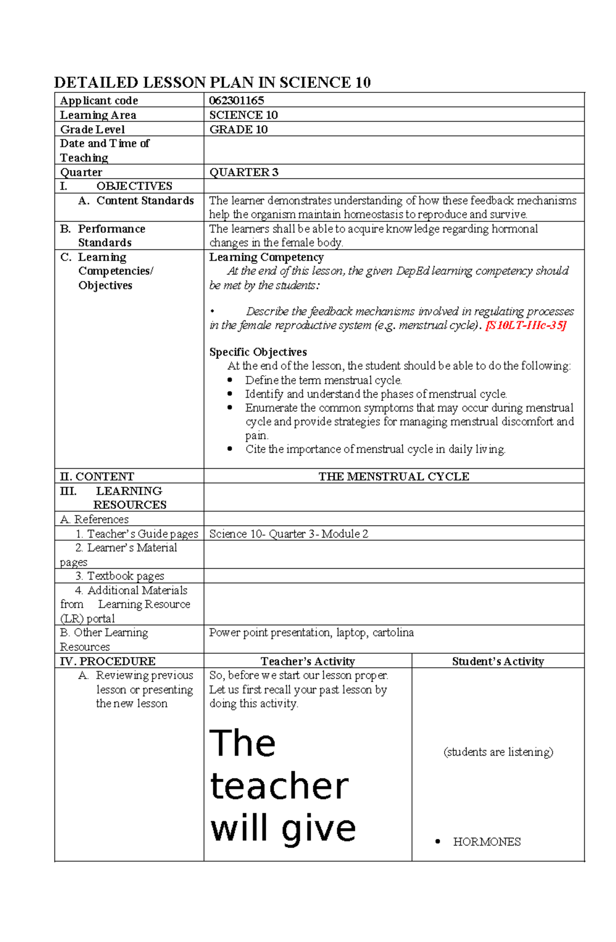 Detailed Lesson Plan for Science 10: The Menstrual Cycle - Studocu