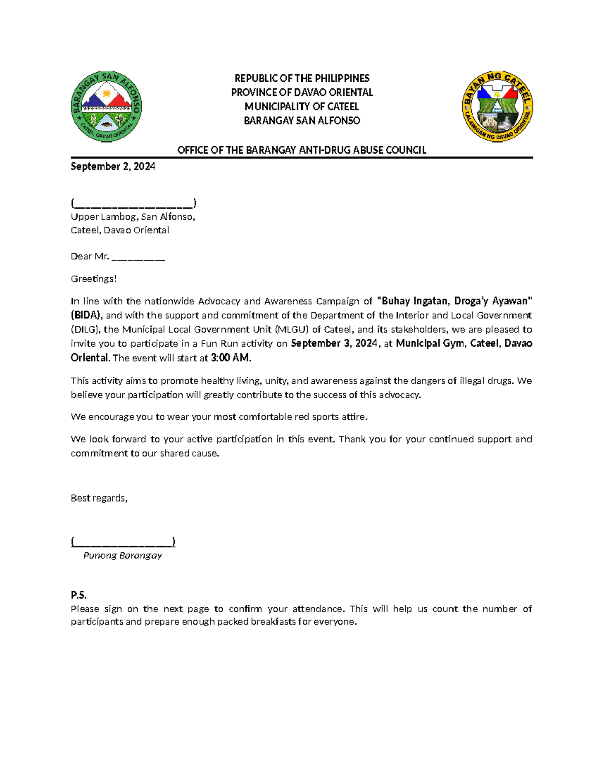 BIDA FUN RUN Invitation Letter for Healthy Living Advocacy - Studocu
