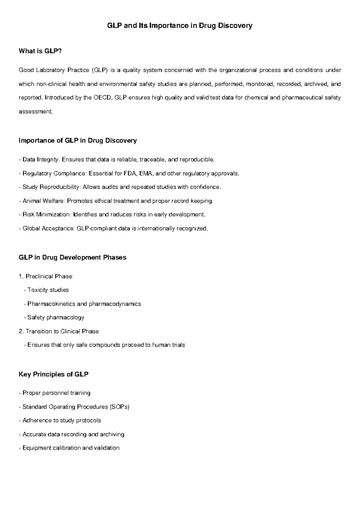 GLP in Drug Discovery: Importance and Key Principles - Studocu
