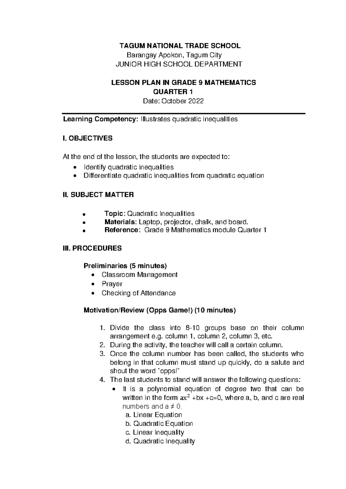 Calamba Lesson Plan - TAGUM NATIONAL TRADE SCHOOL Barangay Apokon ...
