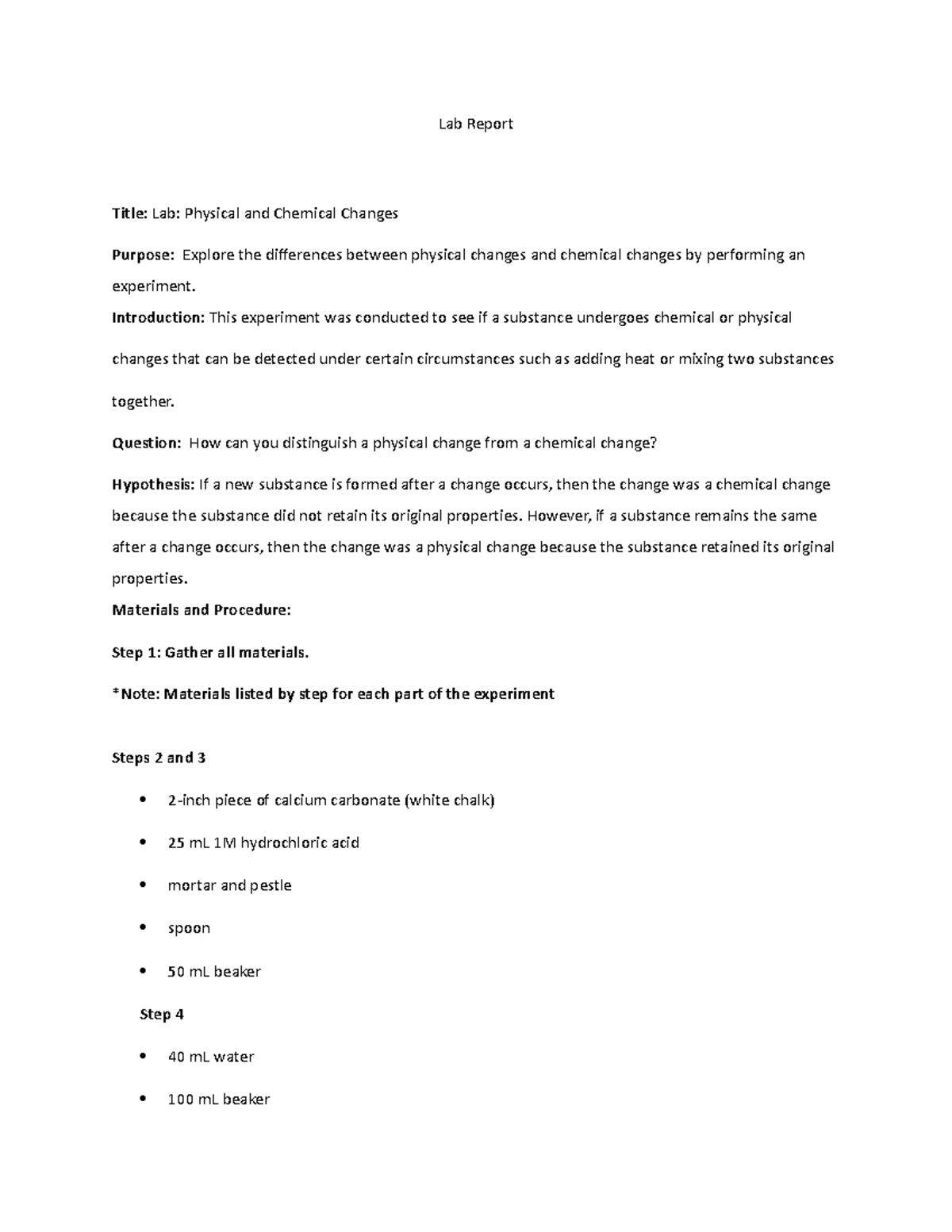 Lab Report: Physical vs Chemical Changes (CHEM 101 Lab) - Studocu