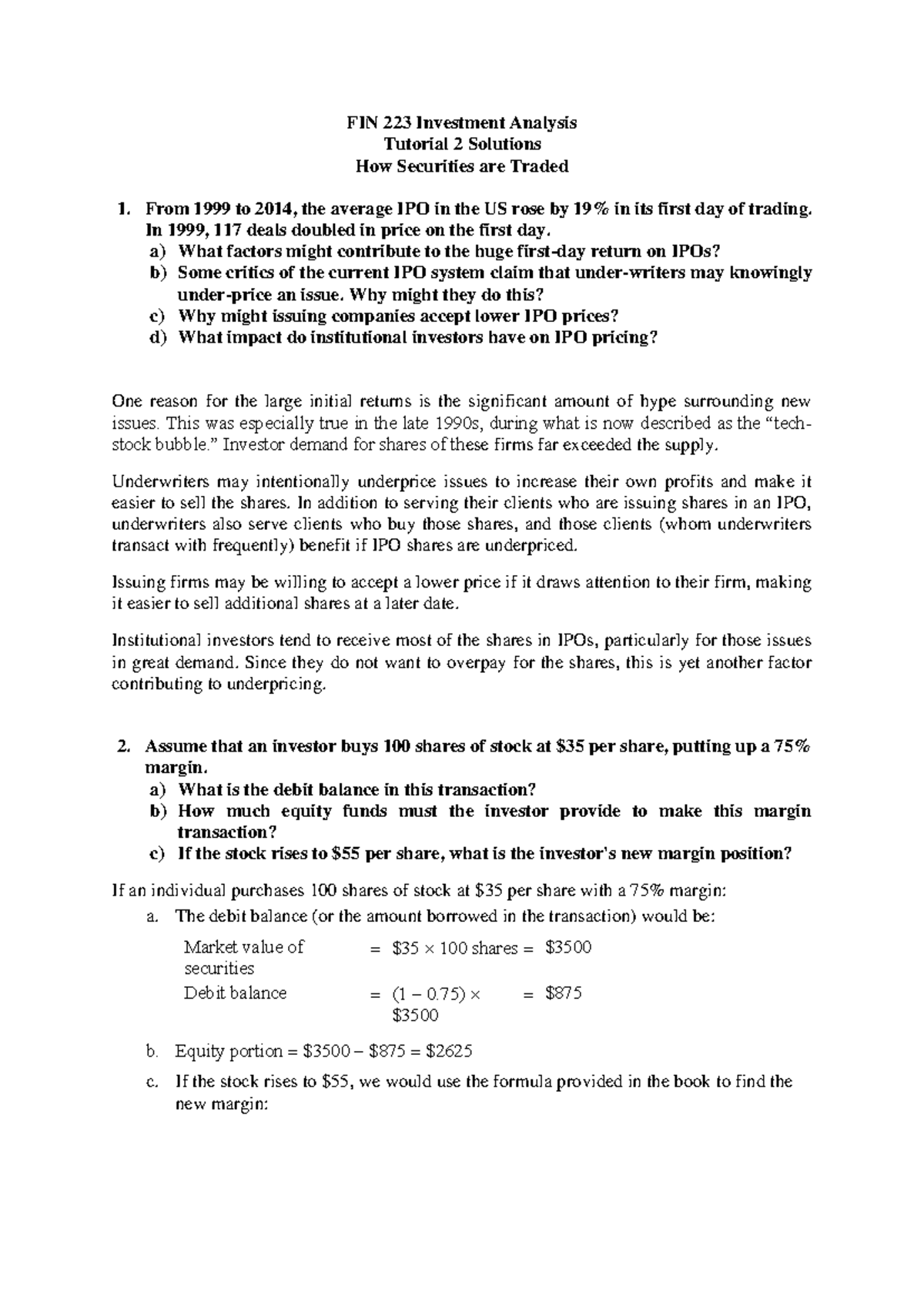 FIN 223 Tutorial 2 Solutions: Insights on Securities Trading and IPOs ...