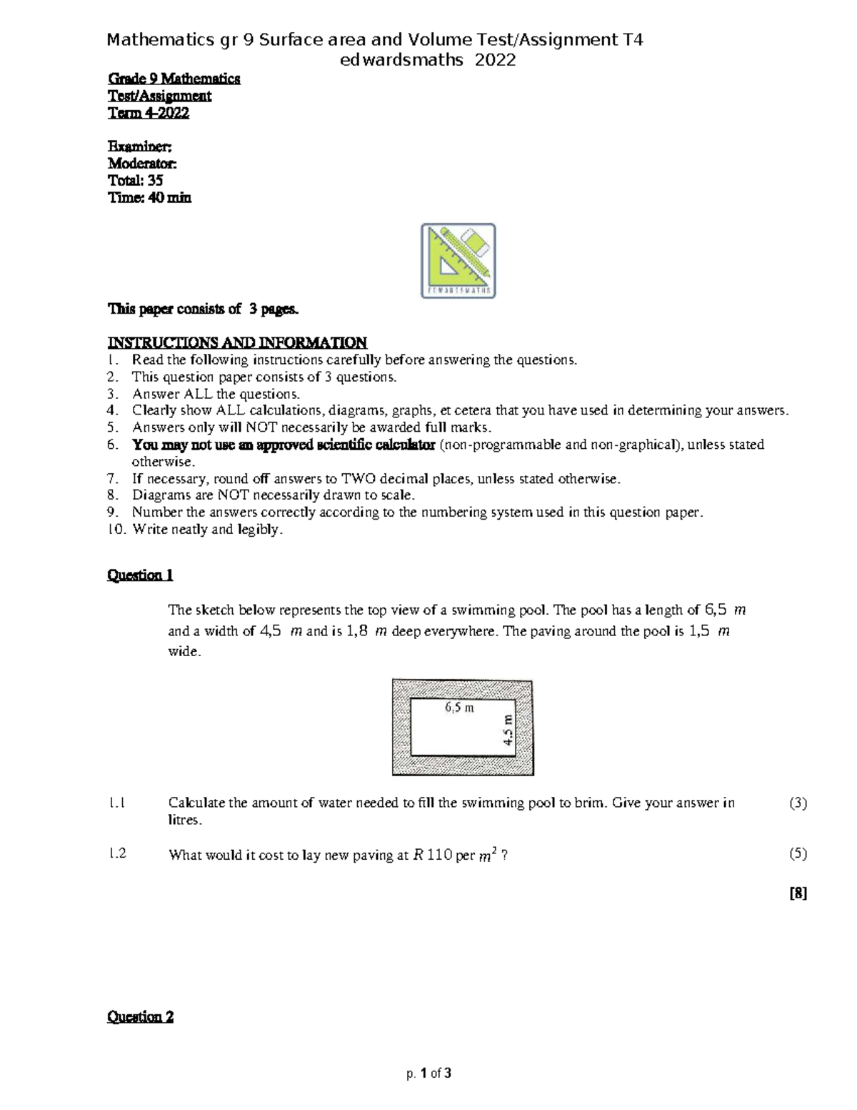 Gr 9 Mathematics Surface Area & Volume T4 Exam 2022 - Studocu