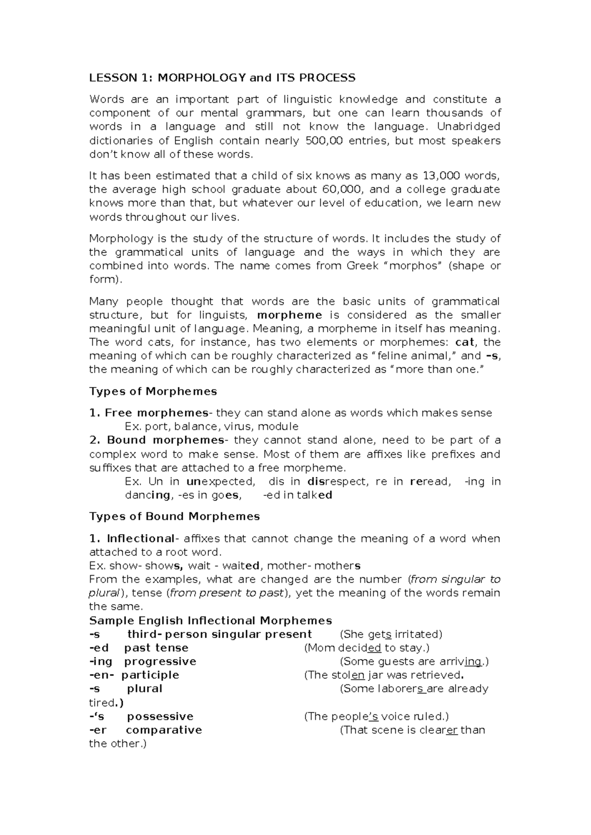 Chapter 1: Morphology and Word Structure Analysis (ENG 101) - Studocu