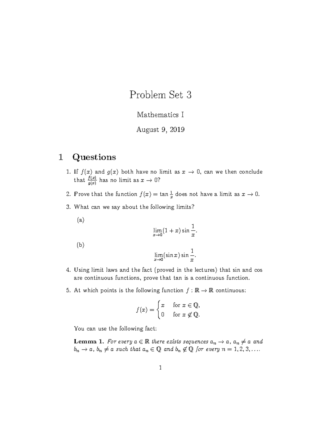 Mh1805 Problem Set 03: Limits and Continuity in Mathematics I - Studocu