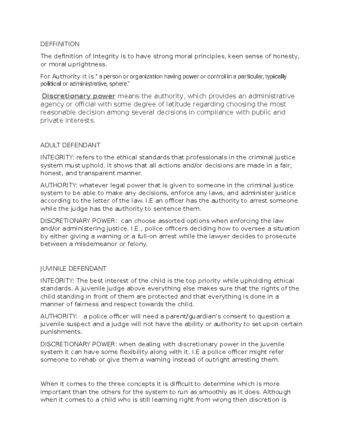 CJ 350 Module 2: Assignment on Integrity, Authority, and Discretionary ...