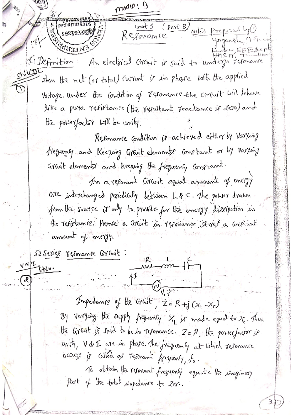 Unit 2: Resonance - Detailed Notes on Series RLC Circuits - Studocu