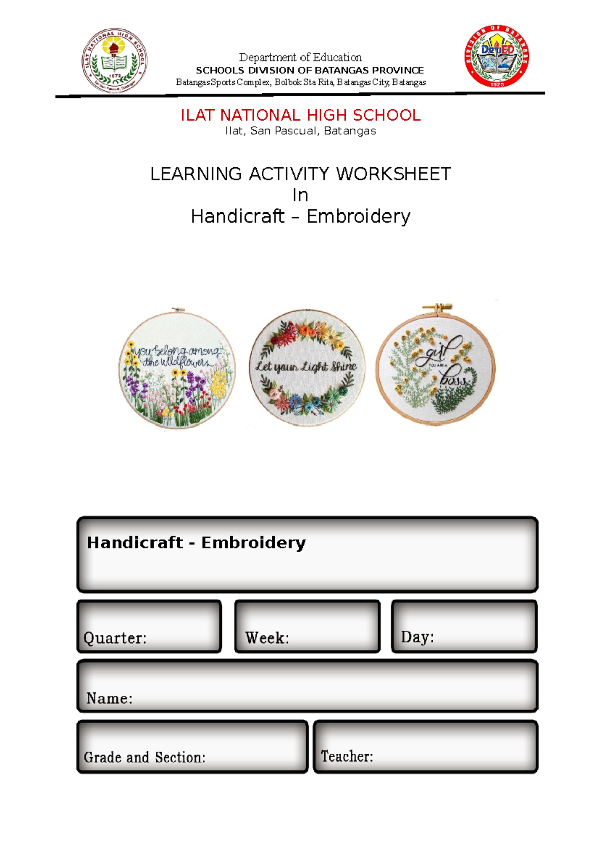 LAW in Embroidery - learning sheets - Department of Education SCHOOLS ...