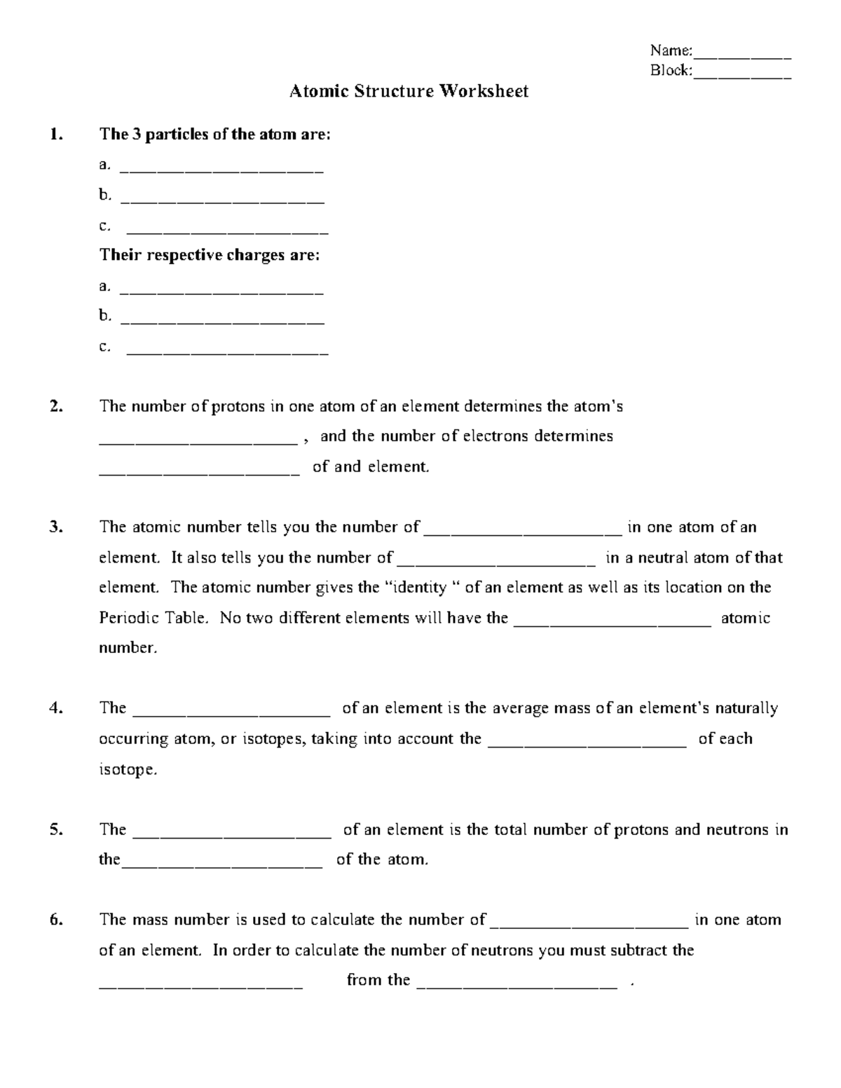 Atomic Structure Worksheet 1: Understanding Atomic Particles and ...