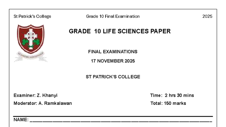 Grade 10 Life Sciences Final Exam 2025 - St College - Studocu