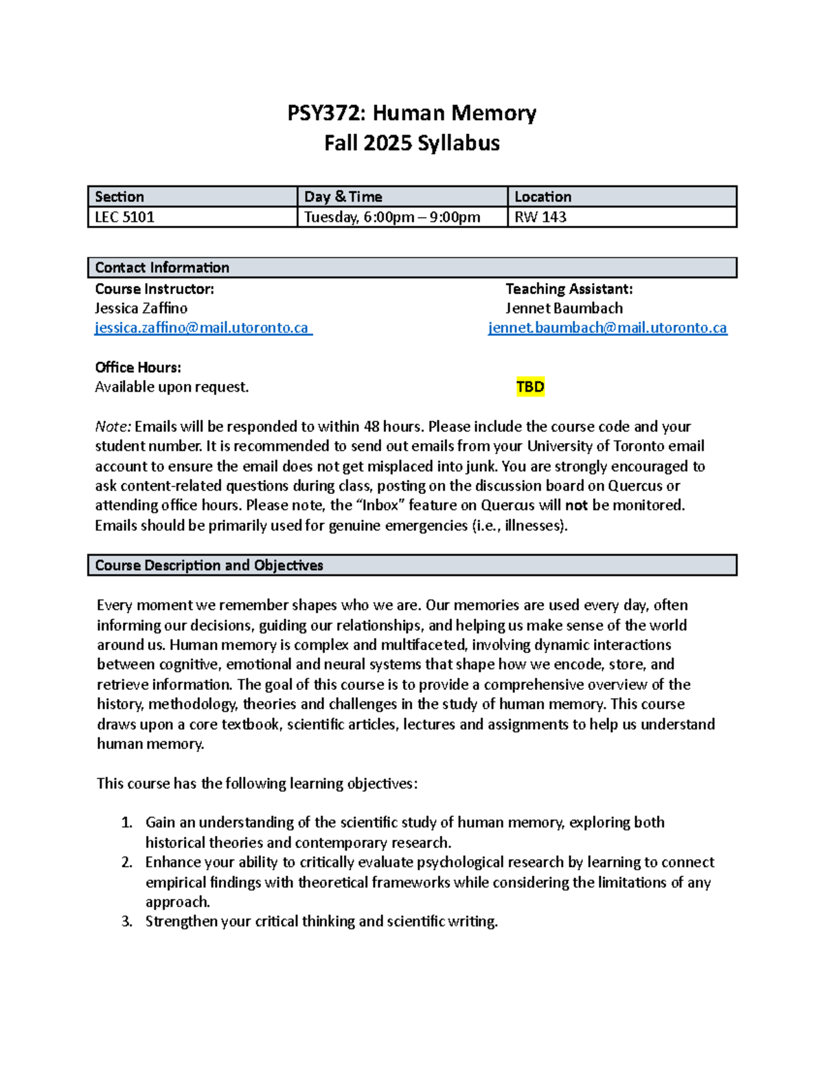 PSY372: Human Memory Fall 2025 Course Syllabus and Schedule - Studocu