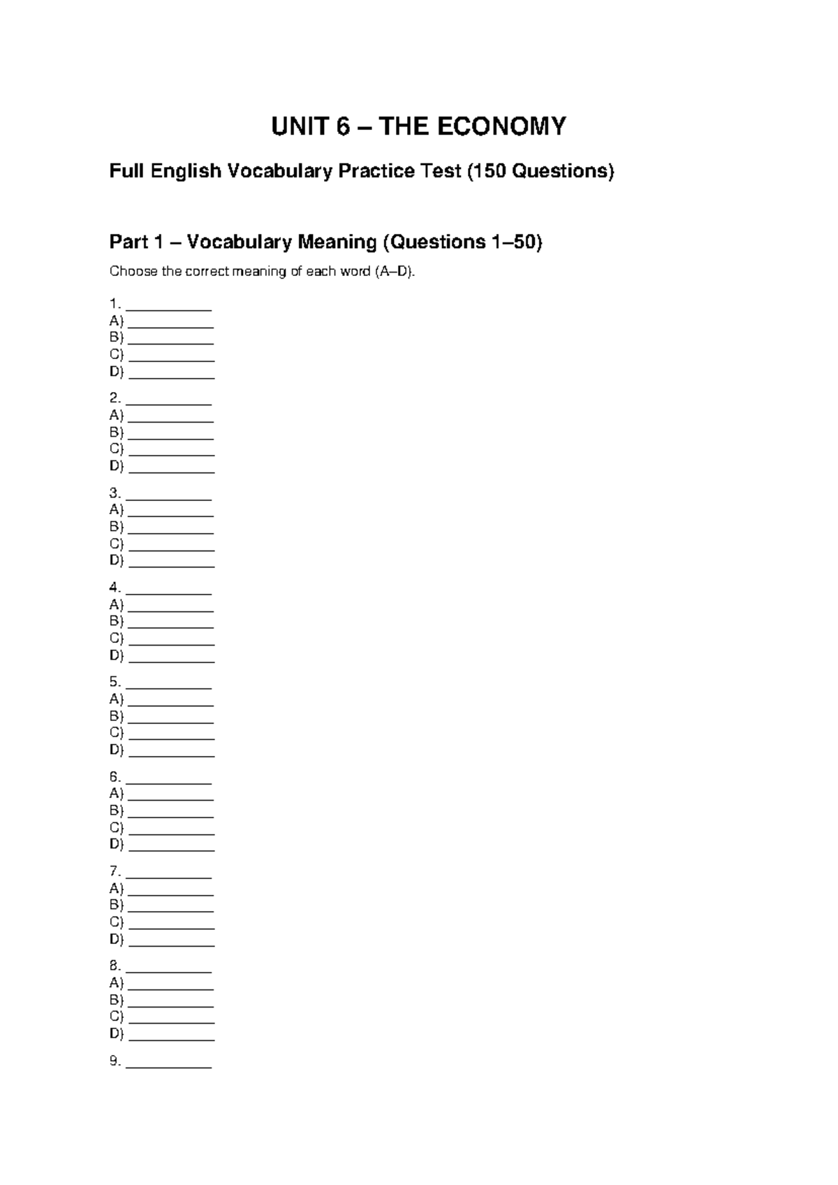 Unit 6: The Economy Vocabulary Practice Test (150 Questions) - Studocu