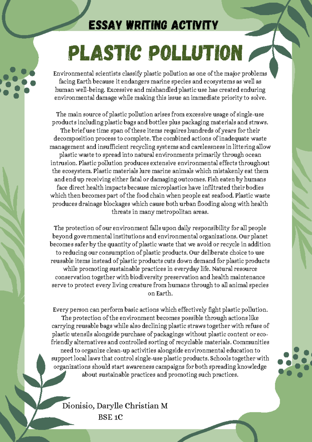 BSE 1C Essay Writing Activity: Tackling Plastic Pollution Challenges ...