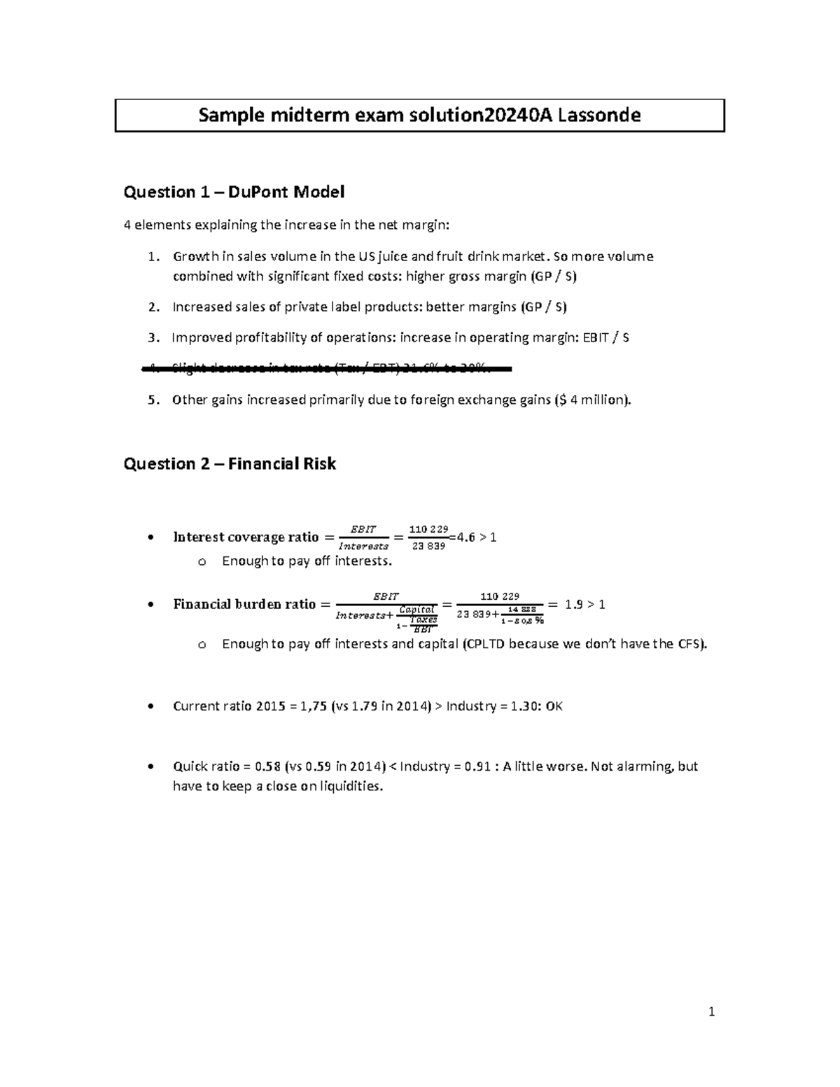 20240A Sample Midterm Exam Solutions: DuPont Model & Financial Analysis - Studocu