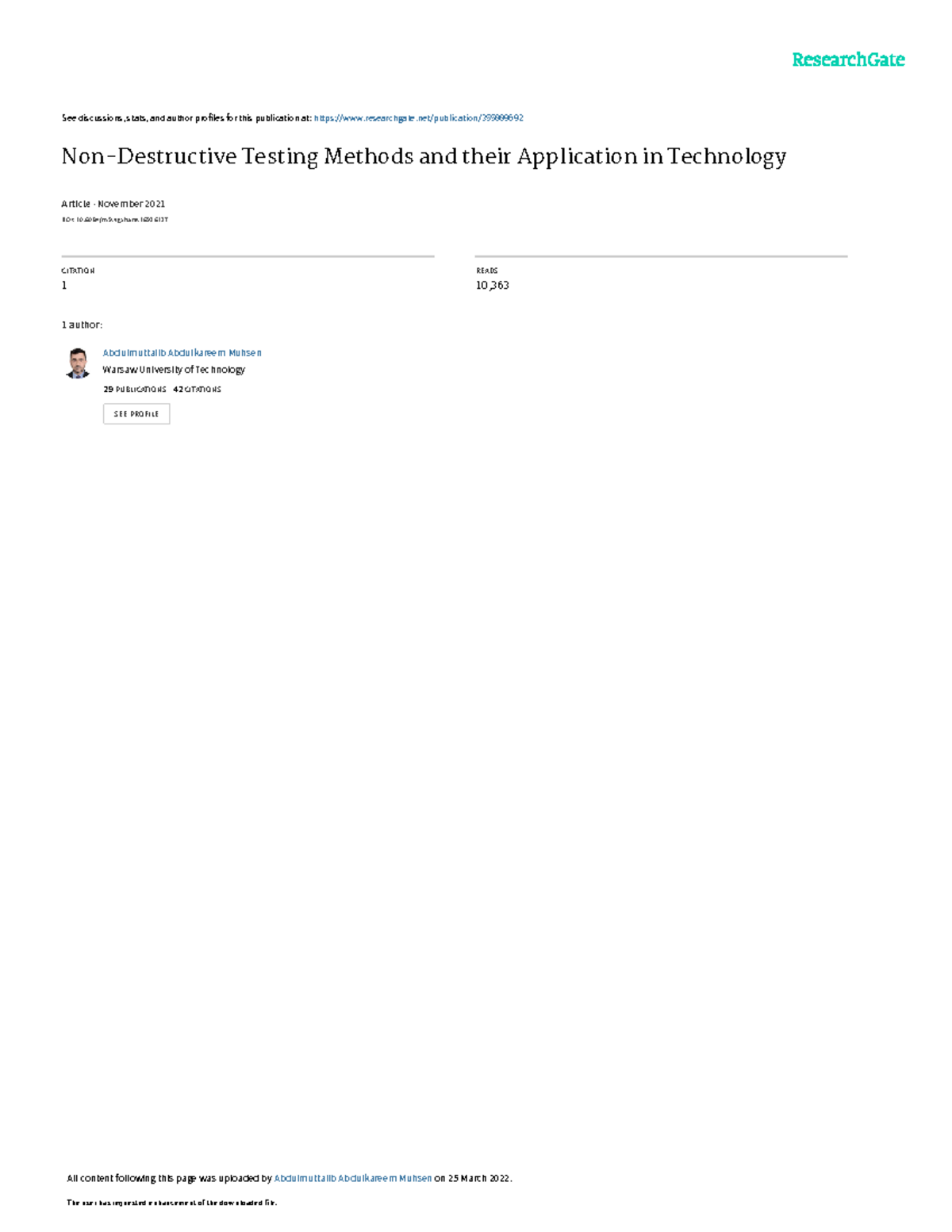 Non-Destructive Testing Methods and Applications in Technology (NDT-1 ...