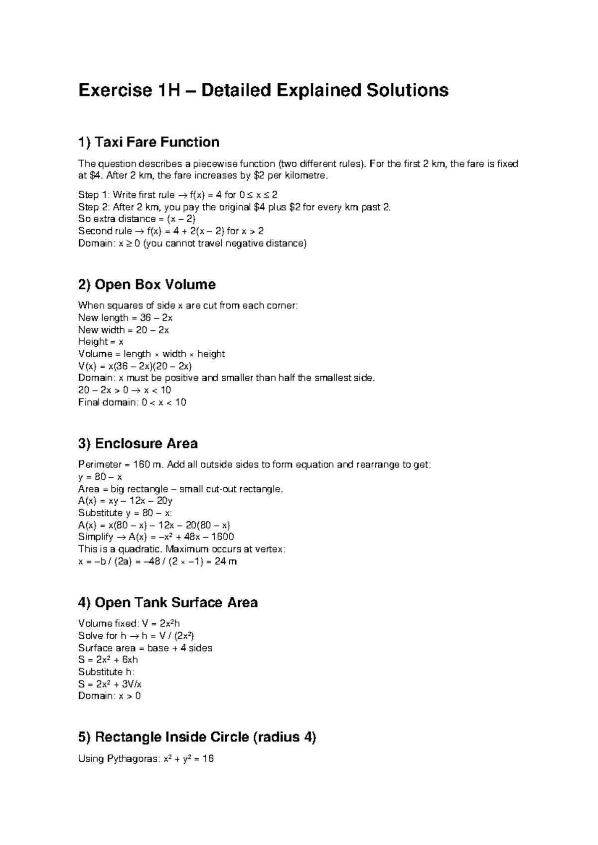 Exercise 1H Detailed Solutions: Piecewise Functions & Geometry - Studocu