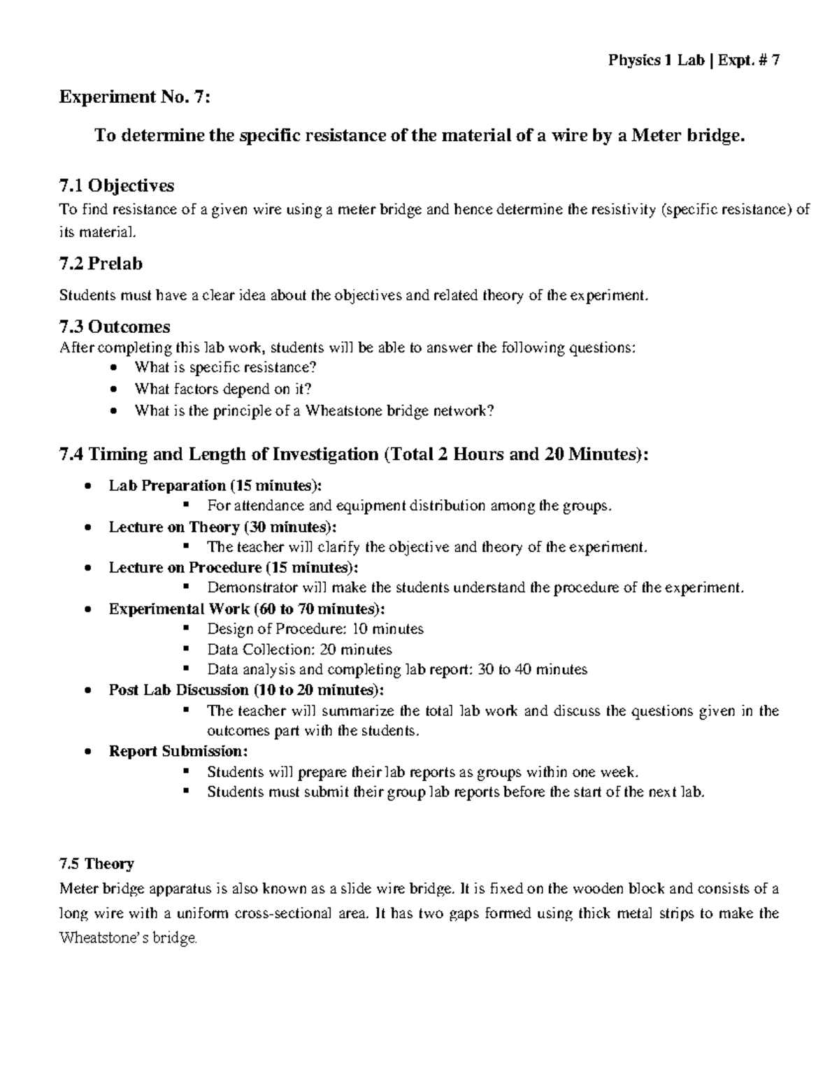 Physics 1 Lab Expt. 7: Determining Specific Resistance Using Meter Bridge - Studocu