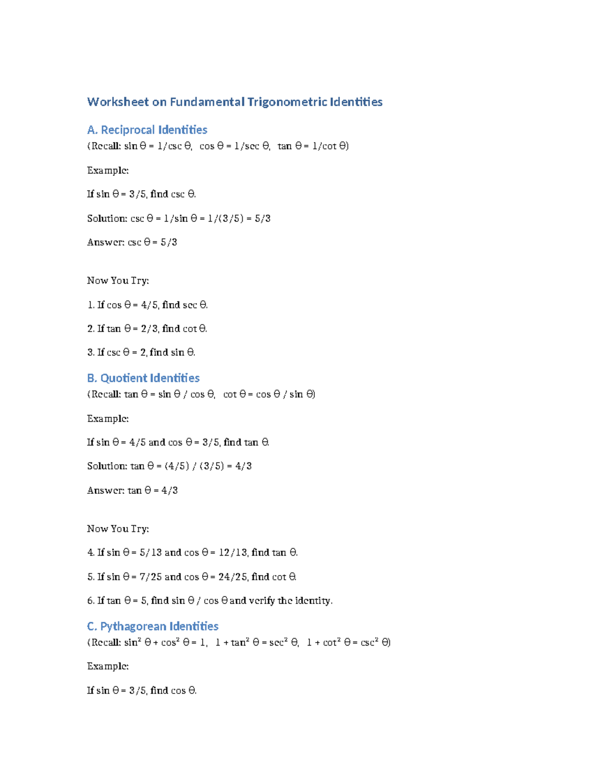 Worksheet on Fundamental Trigonometric Identities - Studocu