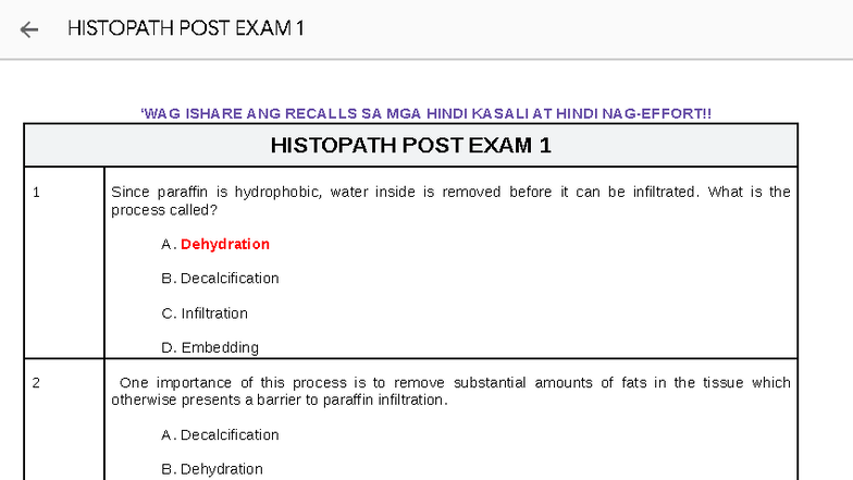HISTOPATH POST EXAM 1 - Practice Test and Recall Notes - Studocu