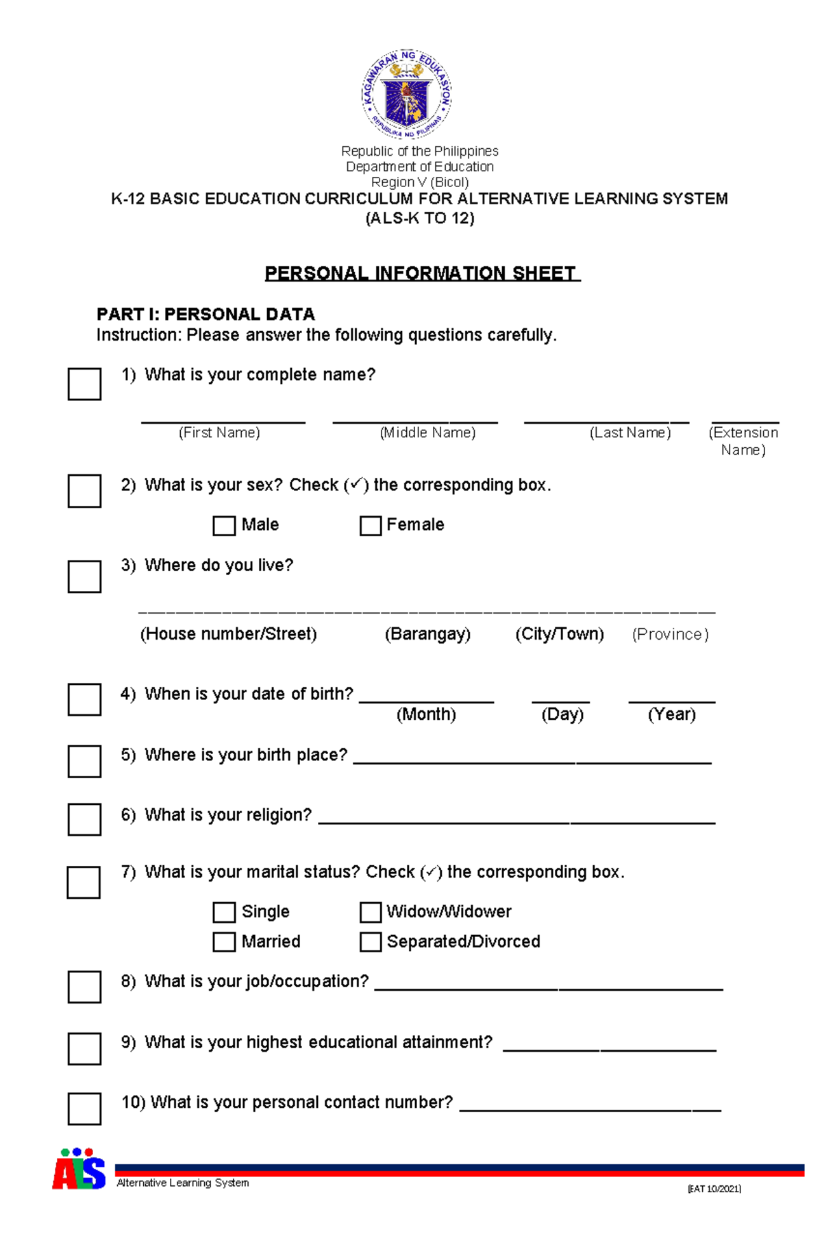 ALS SHS Personal Information Sheet - Alternative Learning System ...