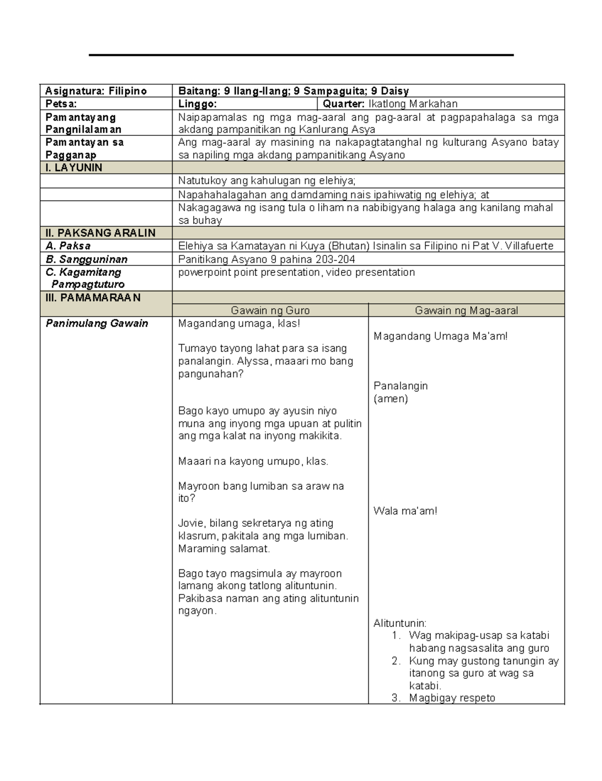 Elehiya sa Kamatayan ni Kuya: Filipino 9 Lesson Guide (3rd Quarter ...