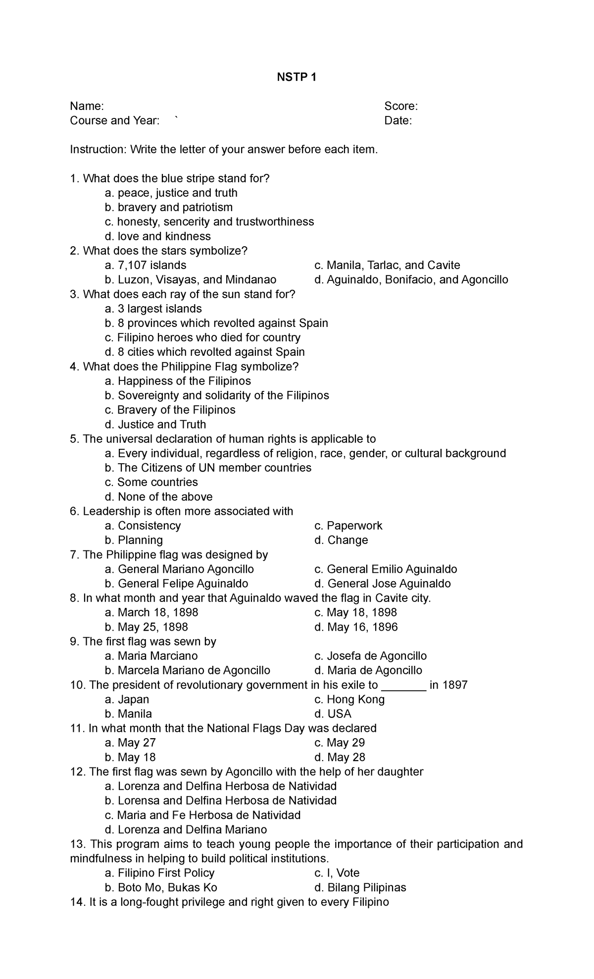 NSTP 1 - Questionnaires - NSTP 1 Name: Score: Course and Year: ` Date: Instruction: Write the ...