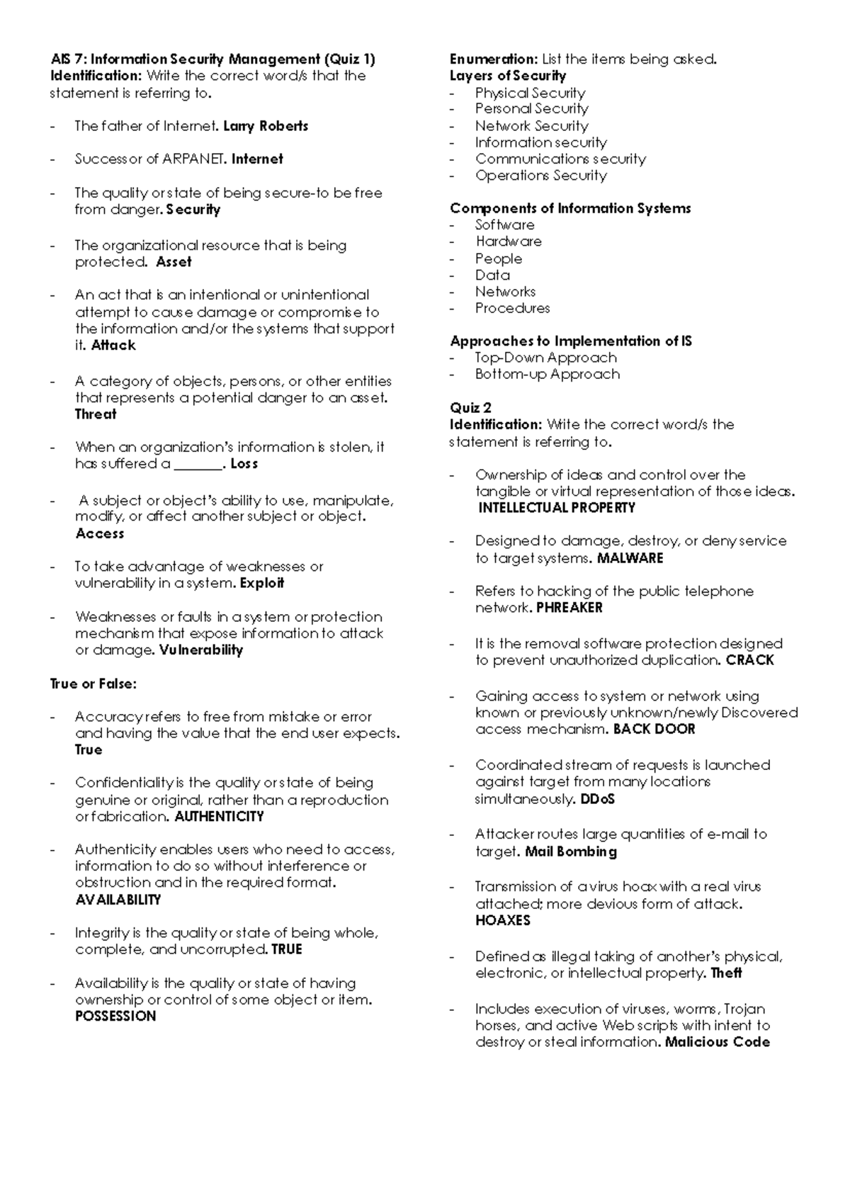 AIS 7 - Comprehensive Quiz Compilation on Information Security - Studocu