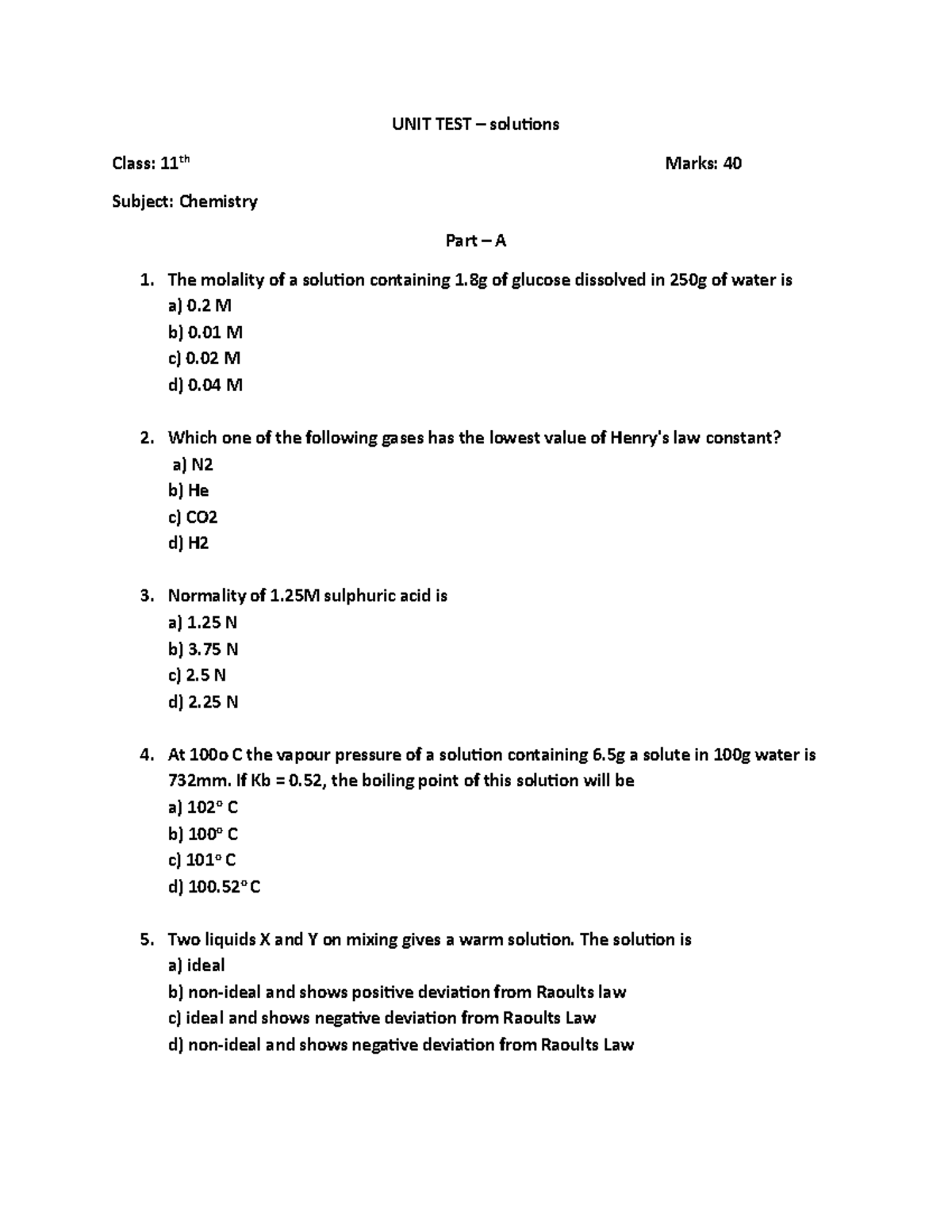 11th Chemistry Unit Test Solutions: Chapter 9 Analysis - Studocu
