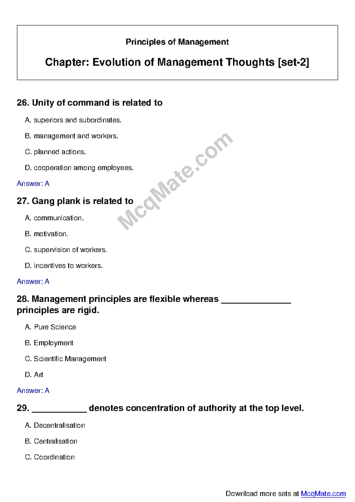 Principles of Management (MNGT101) Evolution of Management MCQs Set 2 ...