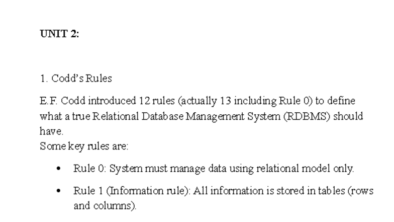 RDBMS Unit 2: E.F. Codd's 12 Rules and Relational Concepts - Studocu