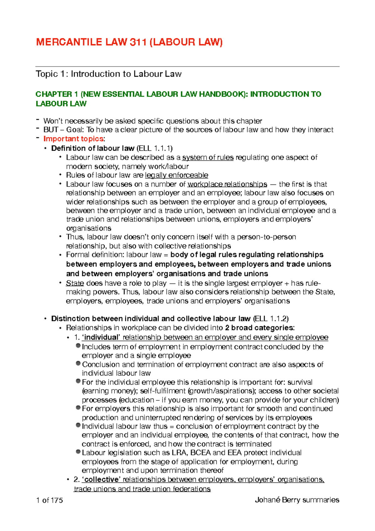 Labour Law 311: Chapter 1 - Introduction to Labour Law Overview - Studocu