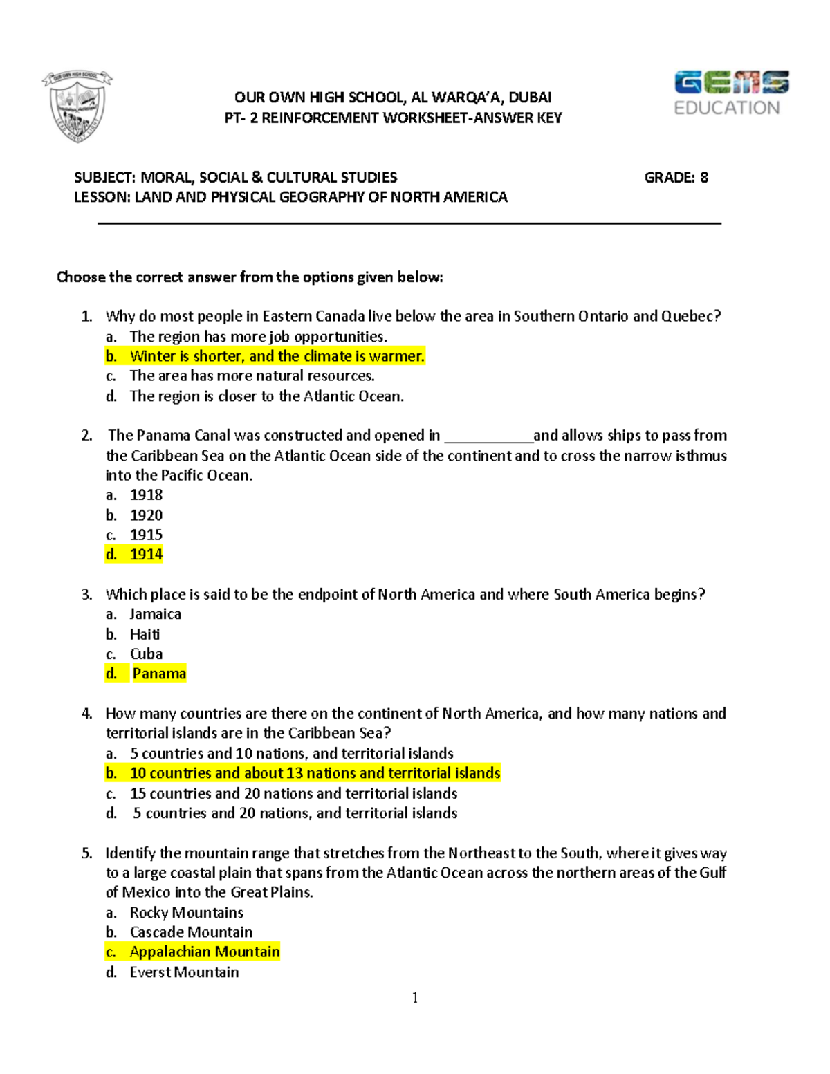 Grd 8 MSCS Lesson: Land & Physical Geography of N. America - Answer Key ...