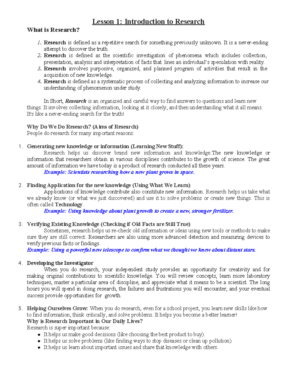 Introduction to Research: Lesson 1 Overview and Importance - Studocu