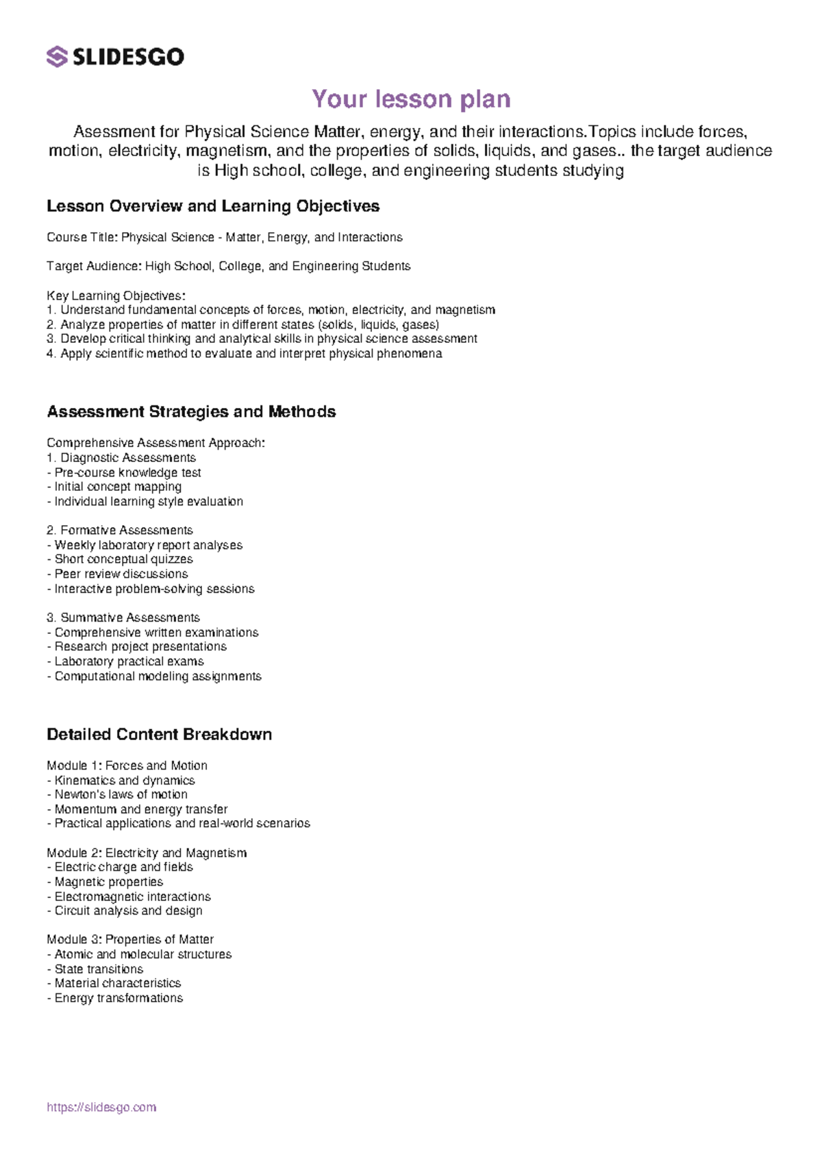 Assesment-lesson-plan - Your lesson plan Asessment for Physical Science ...