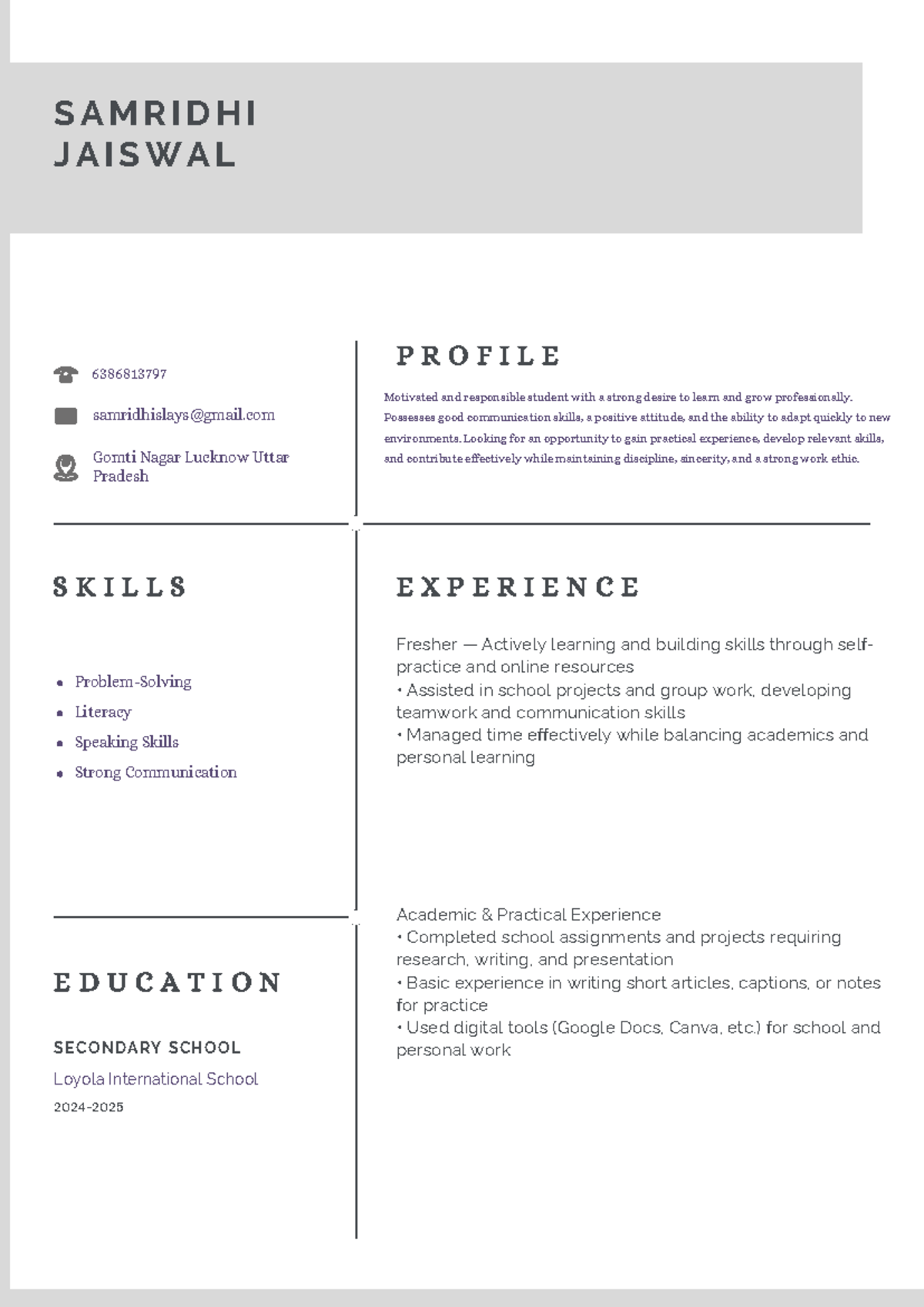 SAMRIDHI JAISWAL 6386813797 Clean CV & Profile Summary - Studocu