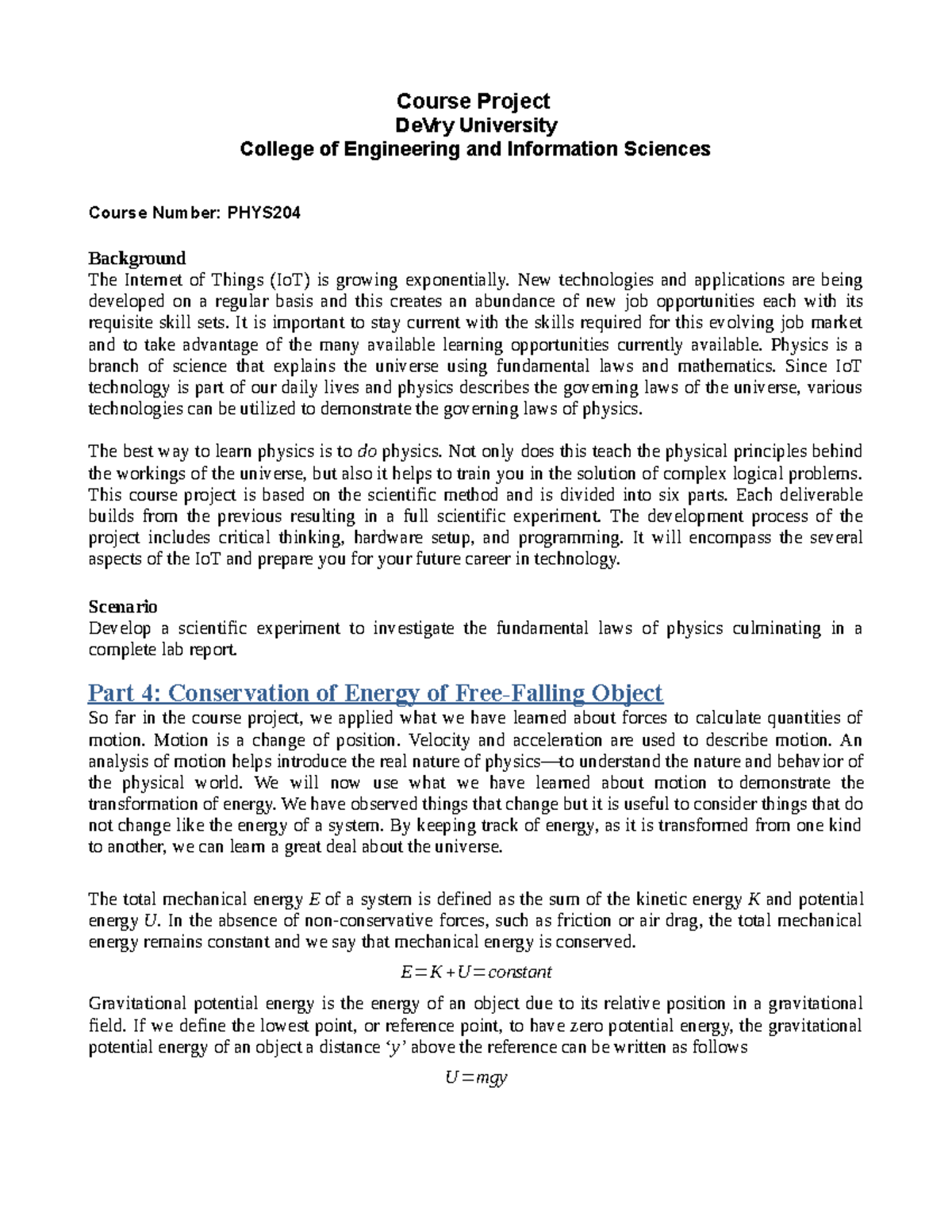 PHYS204 Course Project Part 4: Conservation of Energy in Free Fall ...